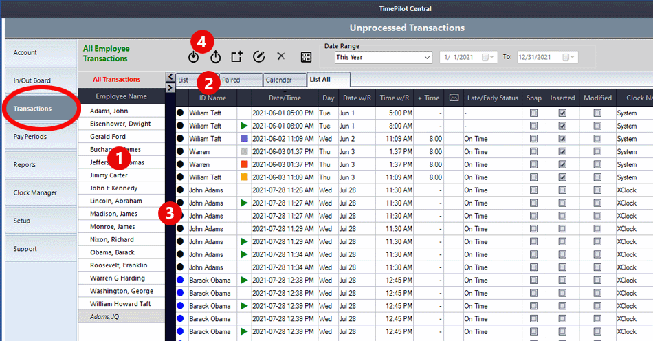Transactions Tab - TimePilot - Time Clocks